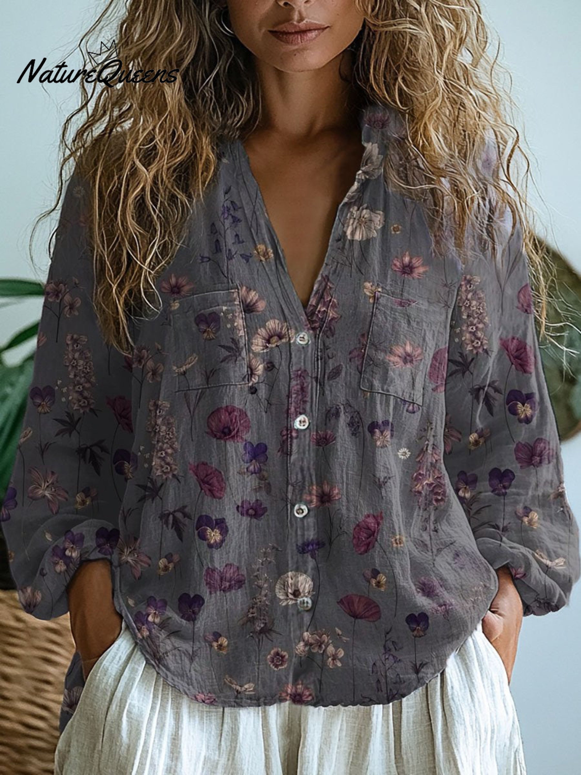 Women's Retro Floral Art Print Casual Long Sleeve Comfortable Cotton S ...